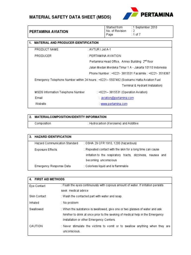 Material Safety Data Sheet (MSDS) : Pertamina Aviation | PDF ...
