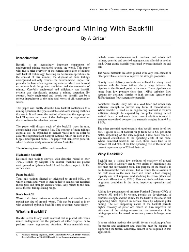 Underground Mining With Backfill: by A Grice | PDF | Mining | Cement