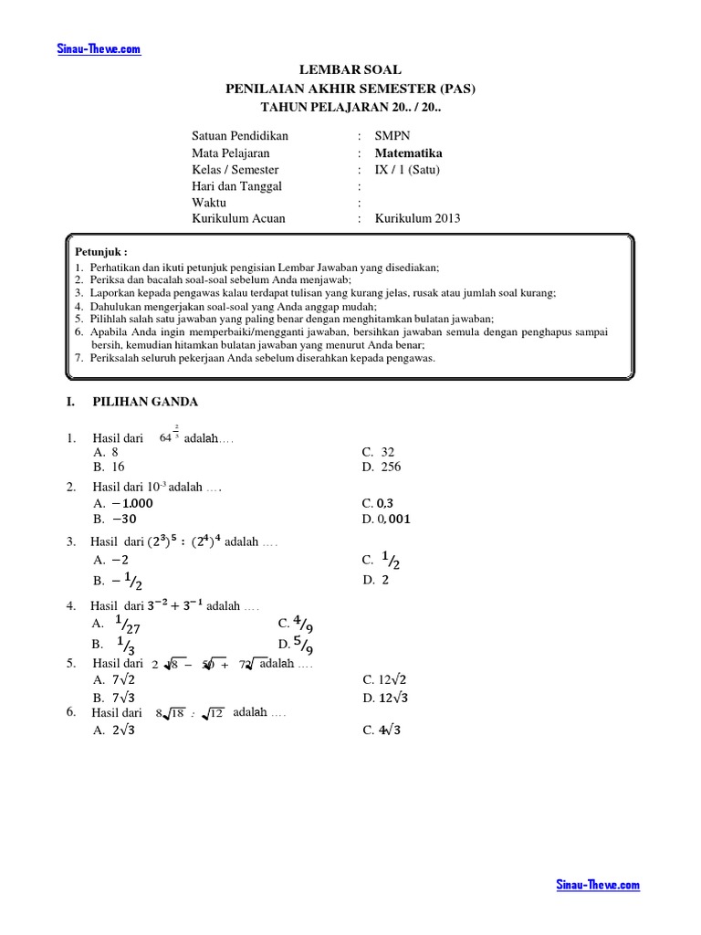 SOAL PAS MTK KLS 9 K13 Sinau-Thewe | PDF