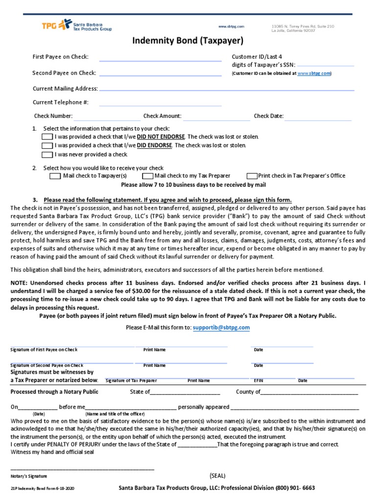 56a - 21P Indemnity Bond Form (Taxpayer) (Final 08-08-20) | PDF ...