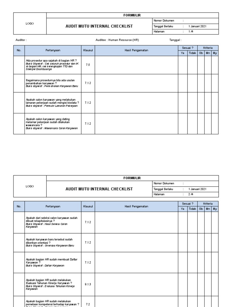Ceklist Audit Internal Bagian HR | PDF