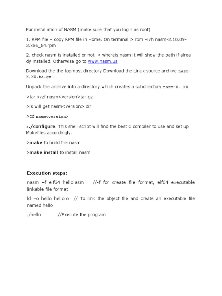 Installation and Execution Steps of Nasm On Fedora | PDF