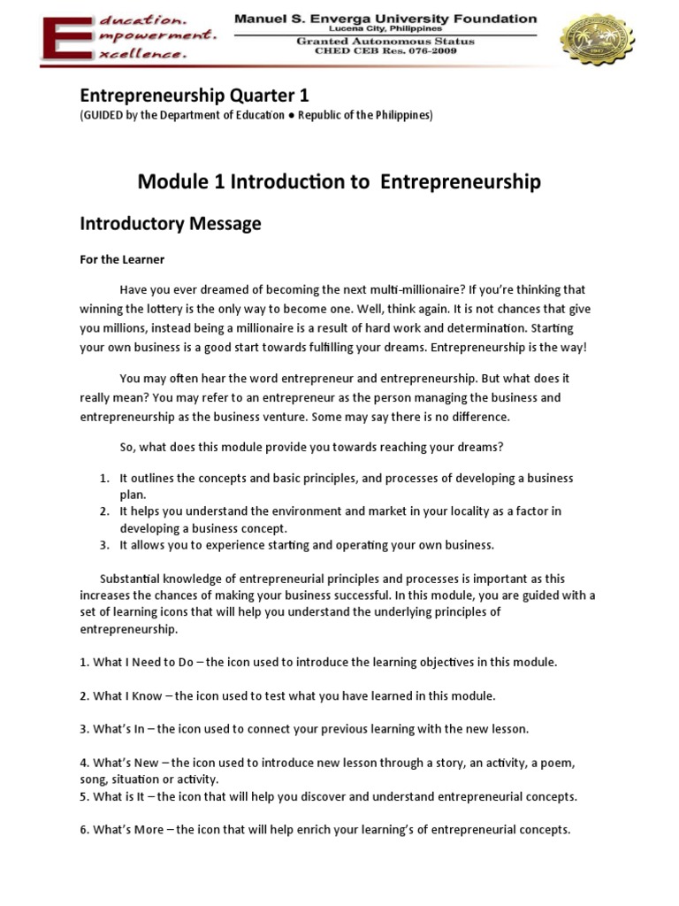 Module 1 Introduction To Entrepreneurship | PDF | Entrepreneurship ...
