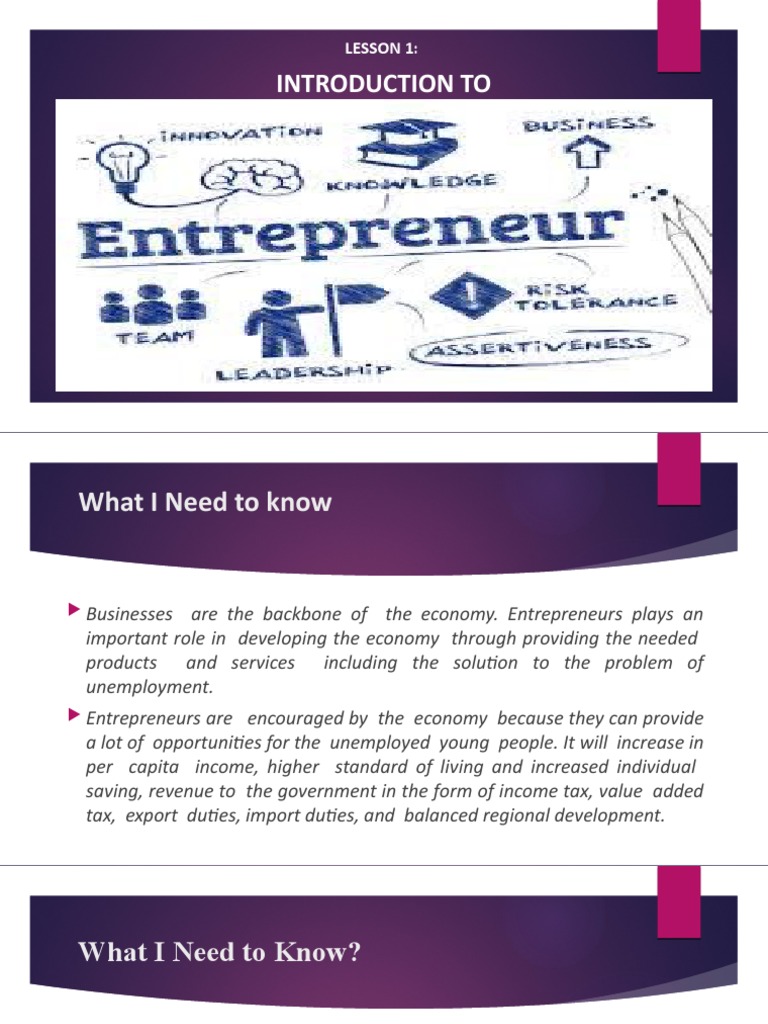 Introduction to Entrepreneurship Lesson 1 | PDF | Entrepreneurship ...