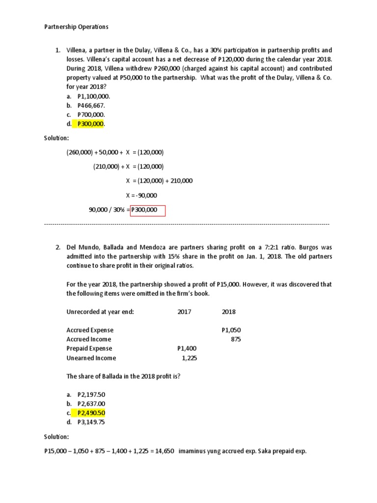 Partnership Operation Exercises With Answers and Solutions | PDF ...