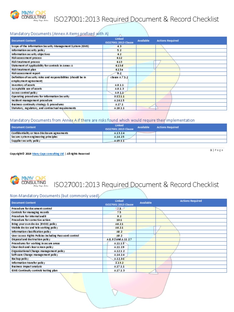 Mandatory Documents and Records Required by ISO 27001 Checklist | PDF | Information Security ...
