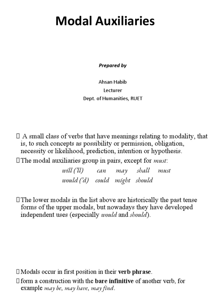 Modal Auxiliaries: Prepared by | PDF | Semantics | Linguistic Morphology