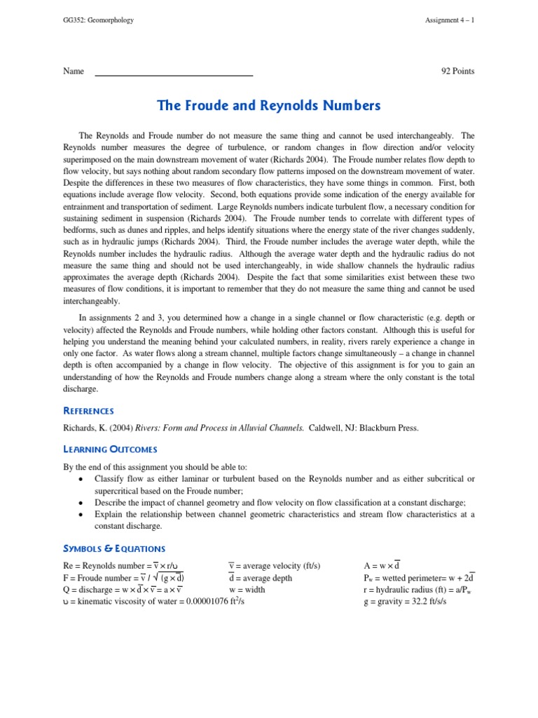 The Froude and Reynolds Numbers: GG352: Geomorphology Assignment 4 - 1 | PDF | Reynolds Number ...