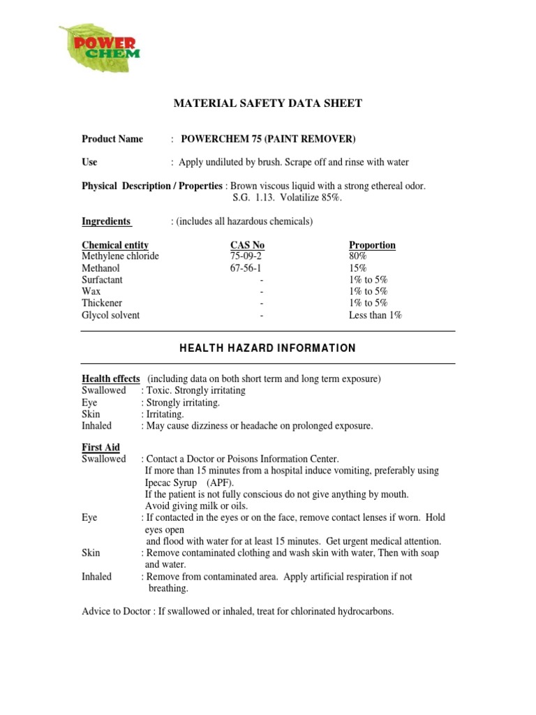 Powerchem 75 Paint Remover MSDS | PDF | Water | Chemical Substances