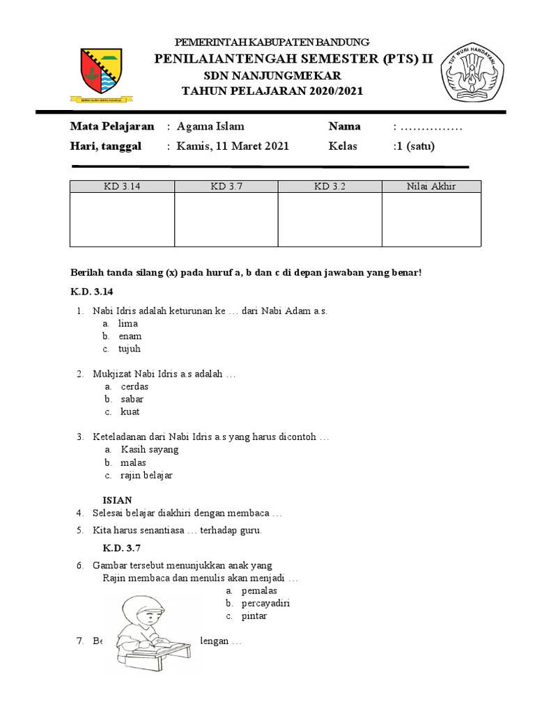 Soal PTS 2 PAI Kelas 1 K13 | PDF