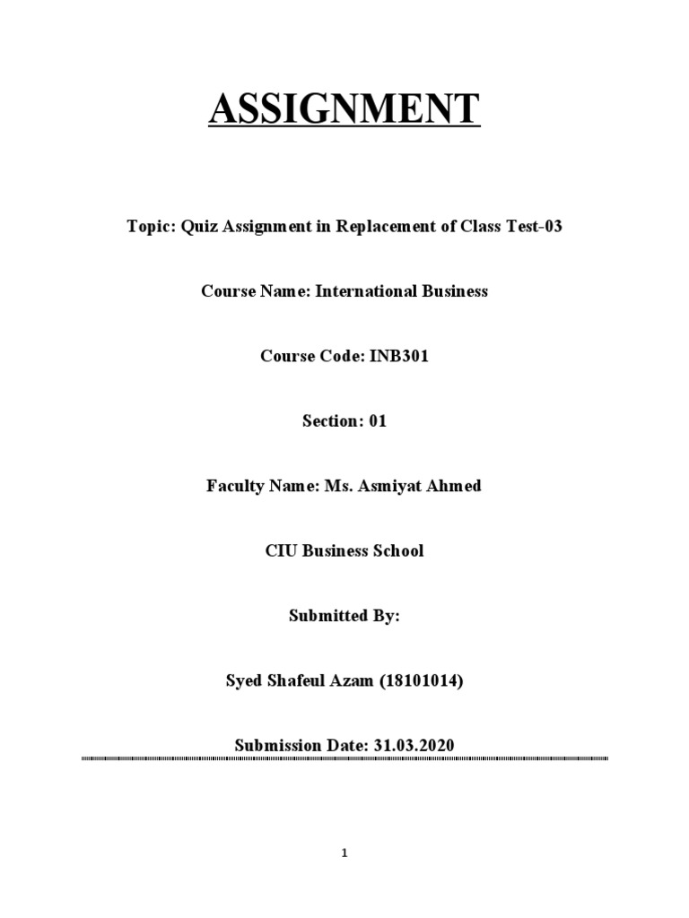 Assignment: Topic: Quiz Assignment in Replacement of Class Test-03 ...