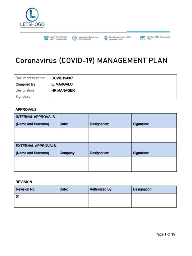 Coronavirus COVID 19 Management Plan | PDF | Personal Protective ...
