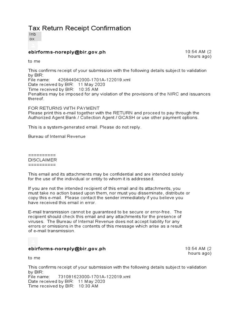 Tax Return Receipt Confirmation | PDF | Payments | Taxation