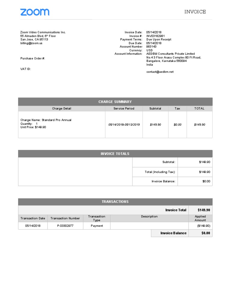 Zoom Invoice PDF | PDF | Invoice | Financial Transaction