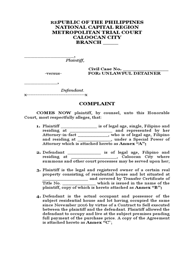 Complaint - Ejectment - Blank | PDF | Attorney's Fee | Lawsuit