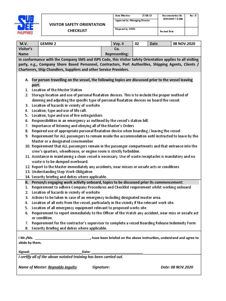 Visitor Safety Orientation Checklist | PDF | Shipping | Transport