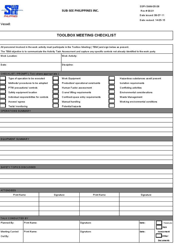 Toolbox Meeting Checklist: Sub-See Philippines Inc | PDF | Workplace ...