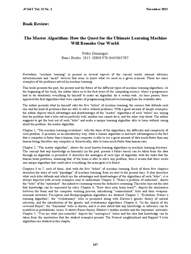 Book Review:: Pedro Domingos. Basic Books. 2015. ISBN 978-0465065707 ...