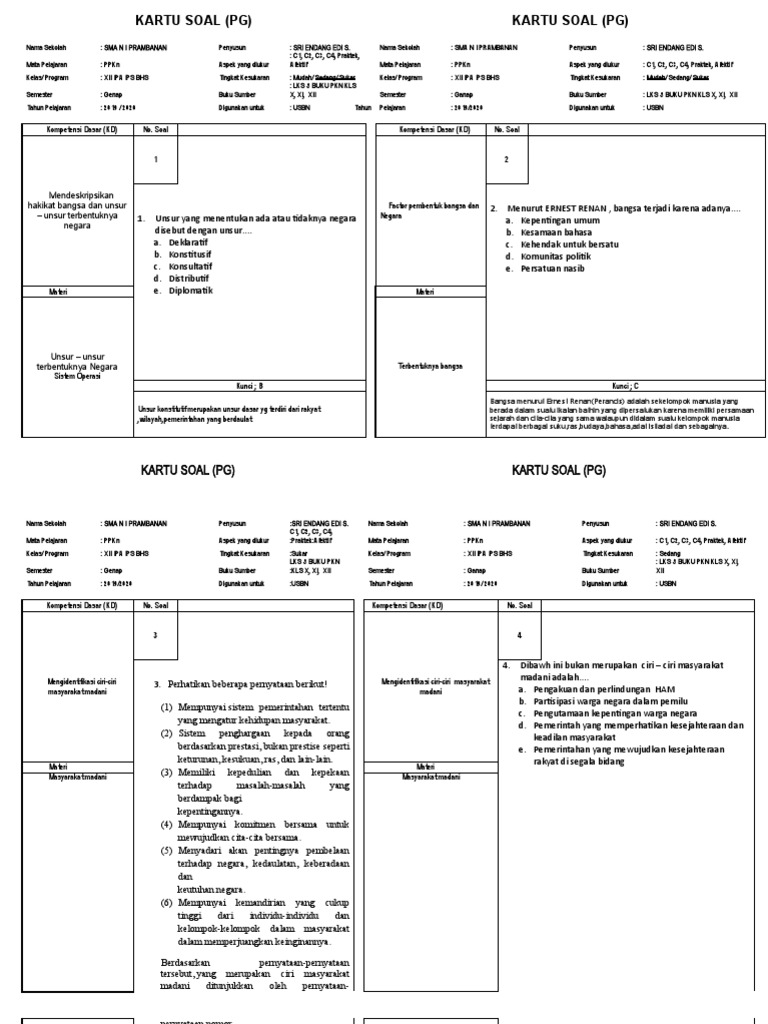 Kartu Soal USBN PKN CETAK | PDF