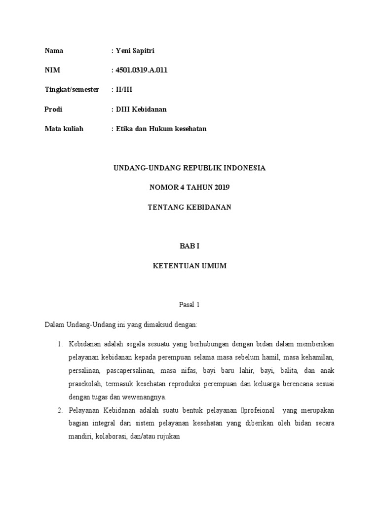 Resume Tentang Undang-Undang Kebidanan (Yeni Sapitri) | PDF