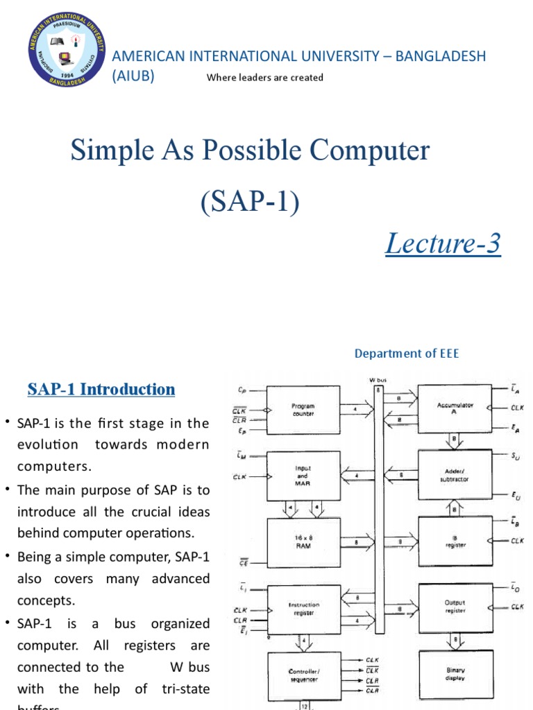 Simple As Possible Computer (SAP-1) : Lecture-3 | PDF | Random Access Memory | Input/Output