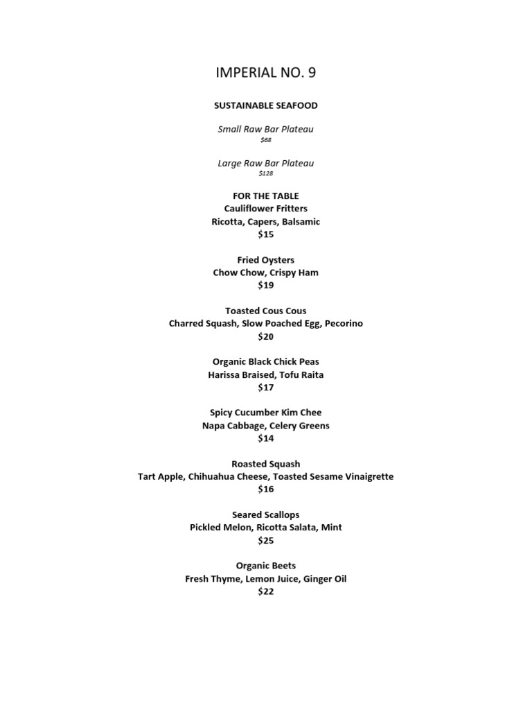 Sustainable Seafood Menu at Imperial No. 9 | PDF