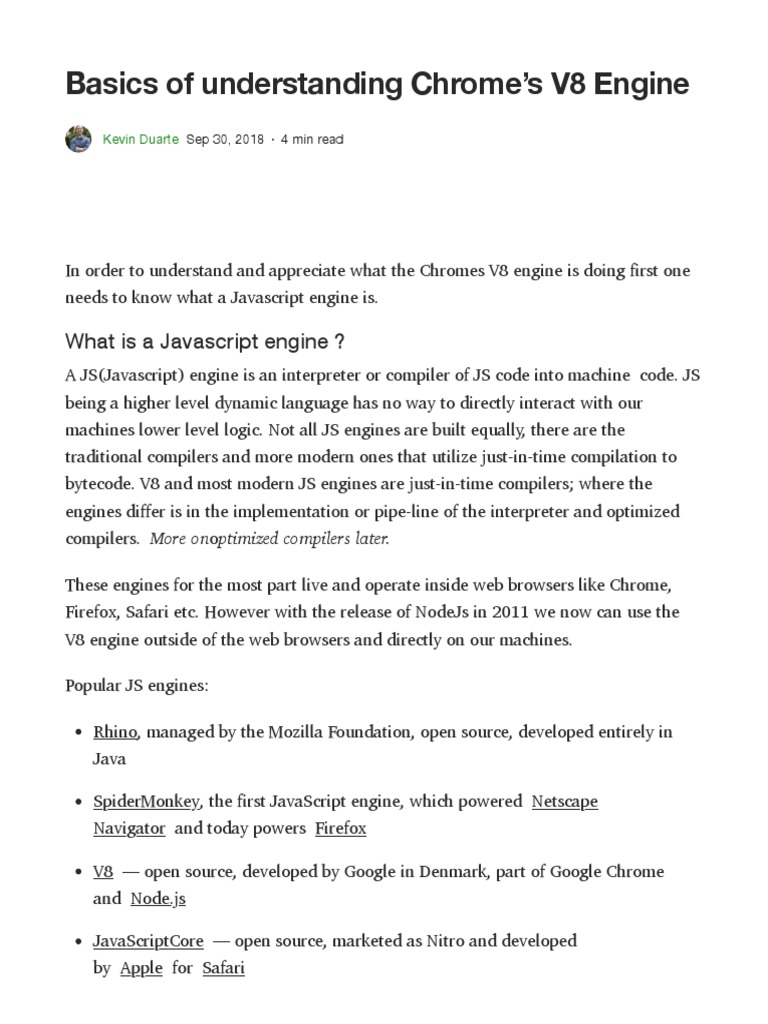 Basics of Understanding Chrome's V8 Engine - by Kevin Duarte - Medium | PDF | Compiler | Java Script