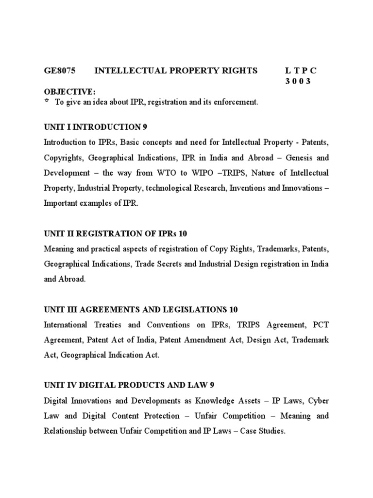 GE8075 Intellectual Property Rights LTPC 3 0 0 3: Objective | PDF | Technology & Engineering