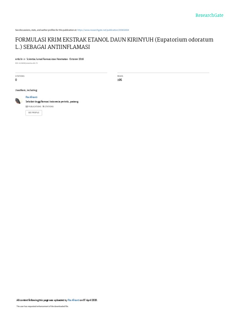 Formulasi Krim Ekstrak Etanol Daun Kirinyuh (Eupatorium Odoratum L.) Sebagai Antiinflamasi | PDF ...