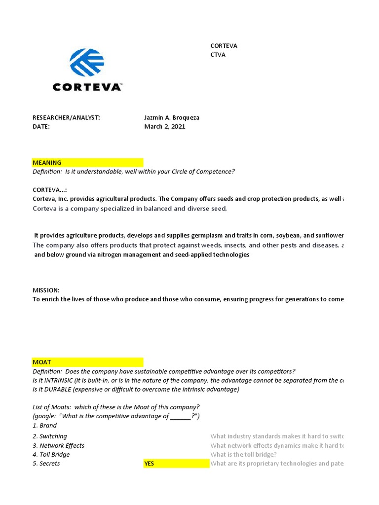 Corteva Investment Analysis Overview | PDF | Free Cash Flow | Valuation ...