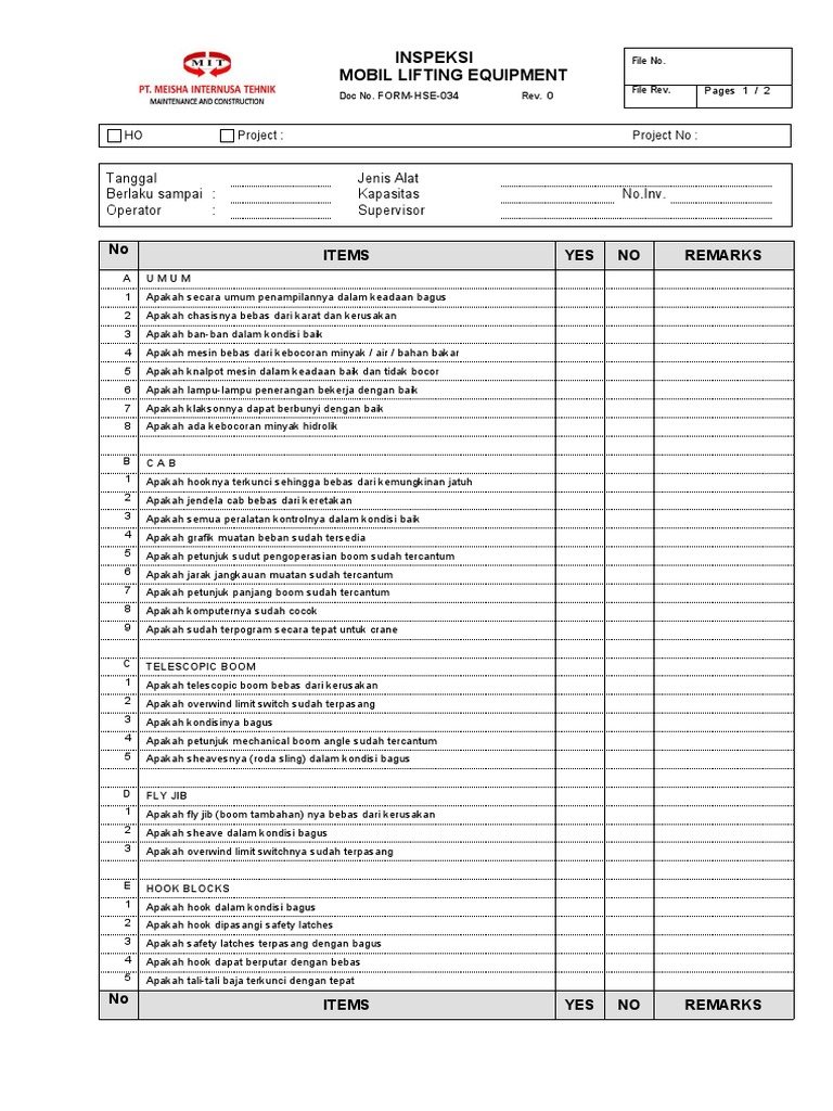 FORM HSE 034 - Inspeksi Mobil Lifting Equipment | PDF