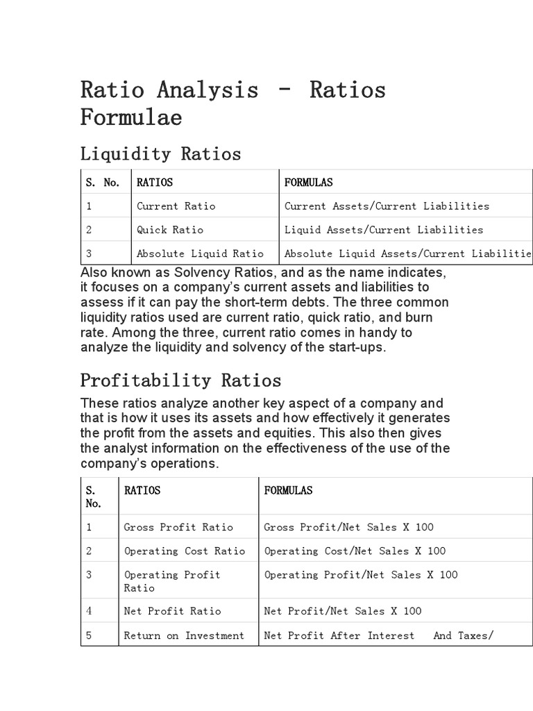 Ratio Analysis Formulas | PDF | Dividend | Equity (Finance)