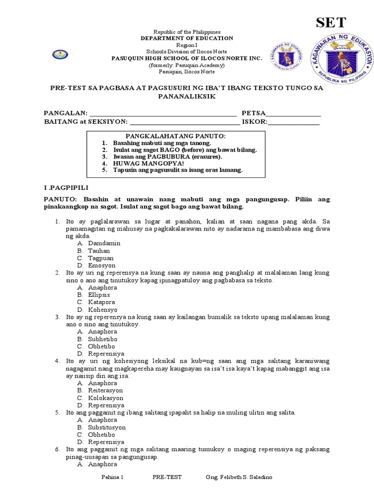 Pre-Test Grade 11 Set A | PDF