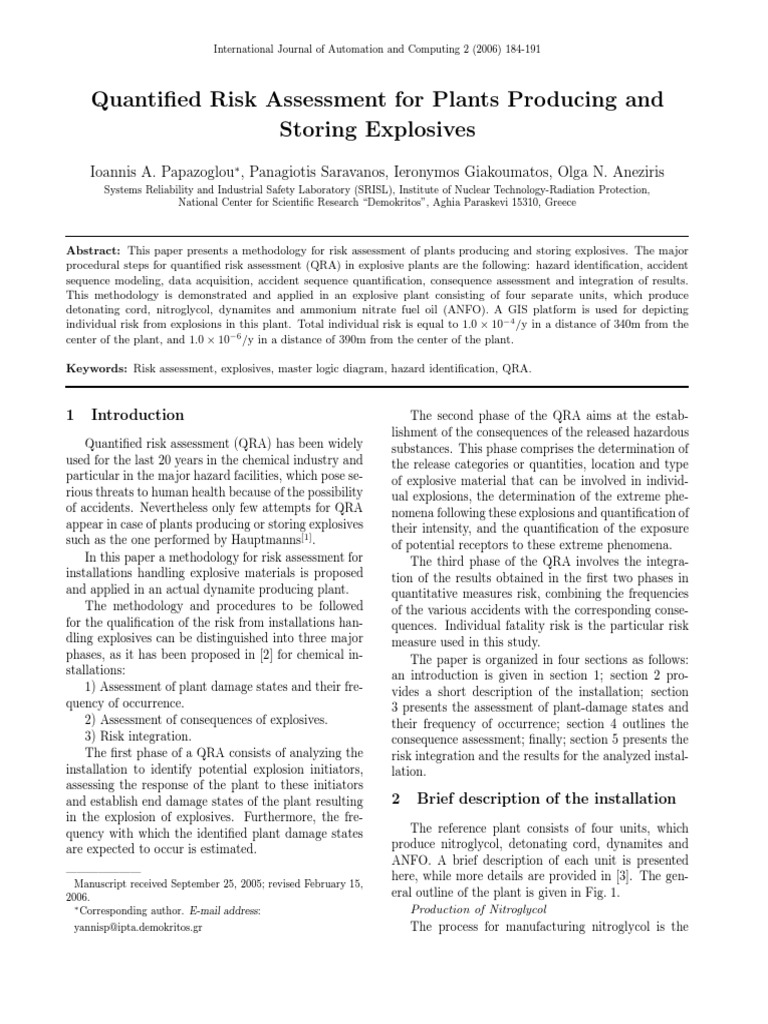 Quantified Risk Assessment For Plants Producing and Storing Explosives ...