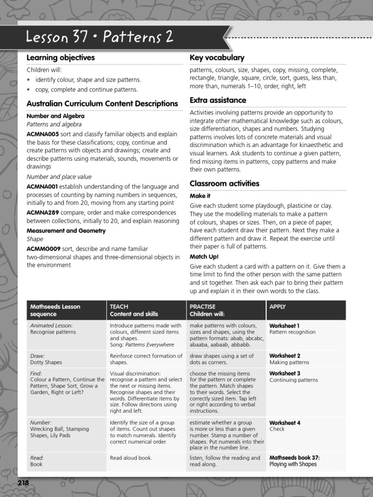 Lesson 37 - Patterns 2: Learning Objectives Key Vocabulary | PDF ...