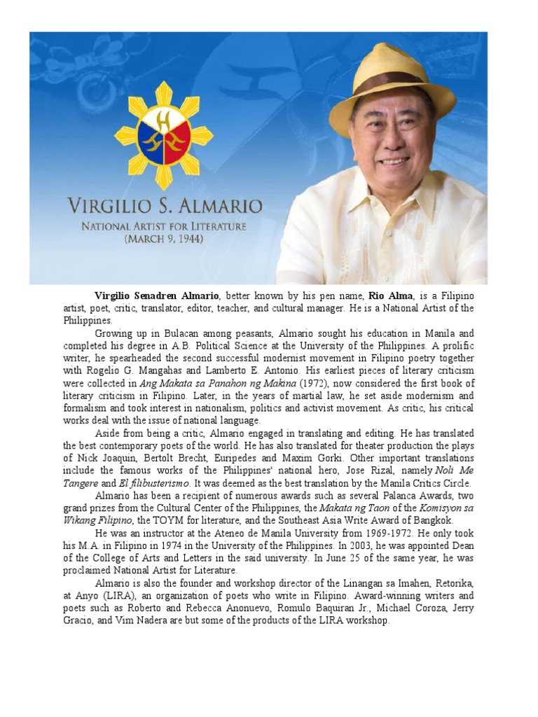 Virgilio Senadren Almario, Better Known by His Pen Name, Rio Alma, Is A ...