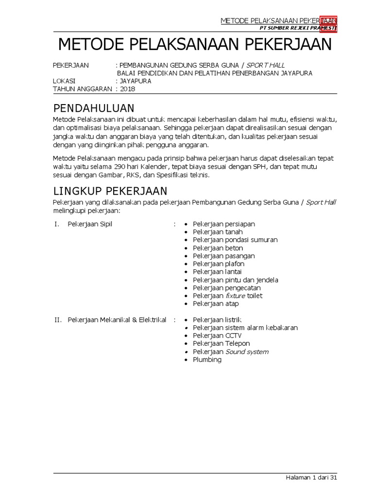Metode Pelaksanaan Pekerjaan Pembangunan Gedung Serbaguna Sport Hall | PDF