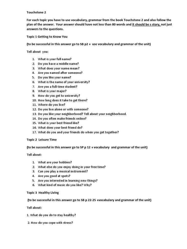 TOUCHSTONE 2 Topics and Writing Retakes 2018 | PDF | Vocabulary | Grammar