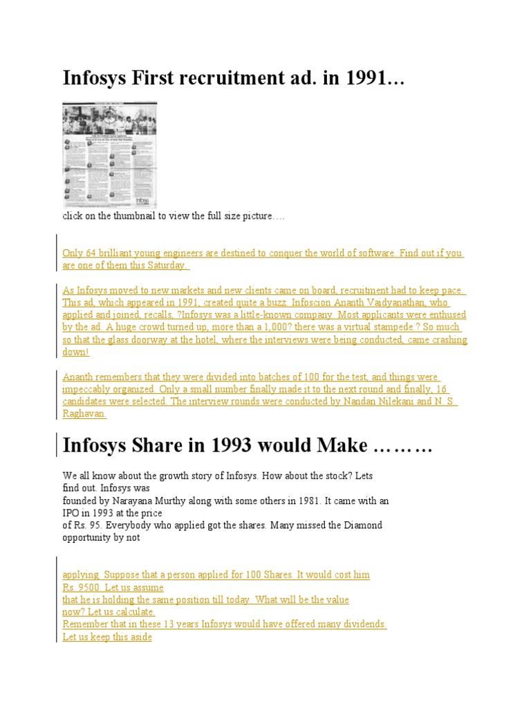 Infosys Recruitment Ad and Stock Growth | PDF | Business | Market ...