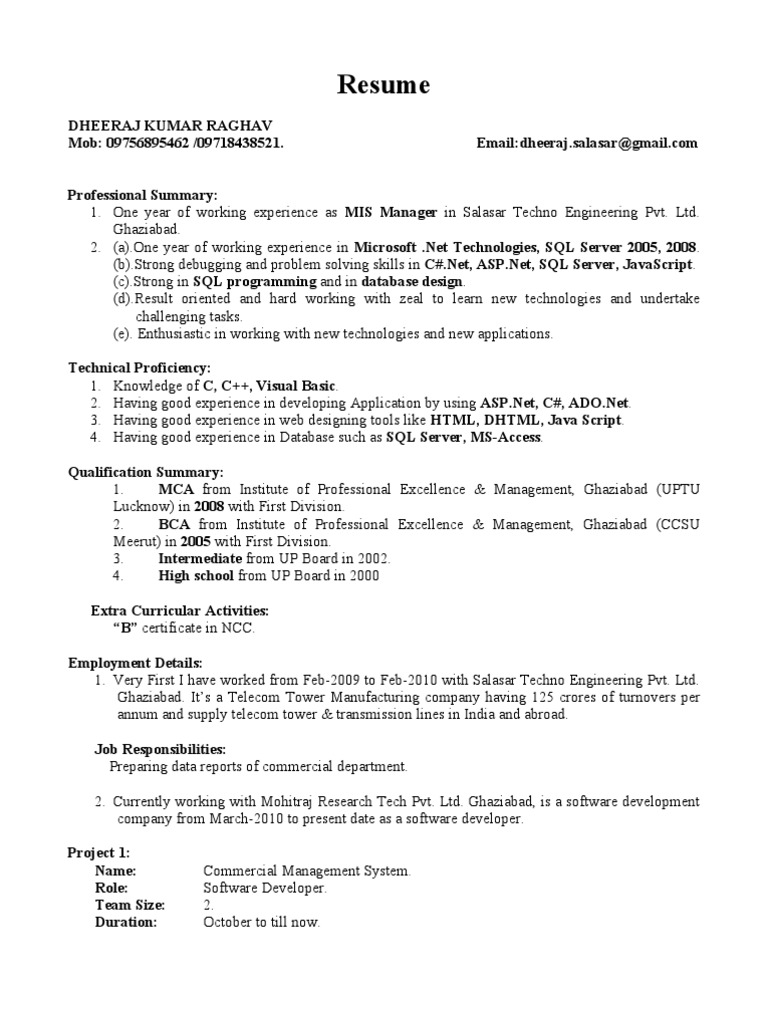 DHEERAJ Resume | PDF | Microsoft Sql Server | C Sharp (Programming Language)