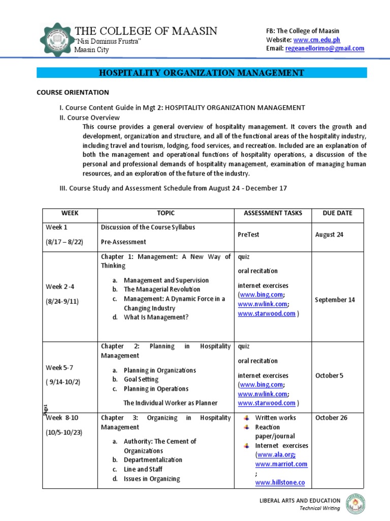 The College of Maasin: Hospitality Organization Management | PDF