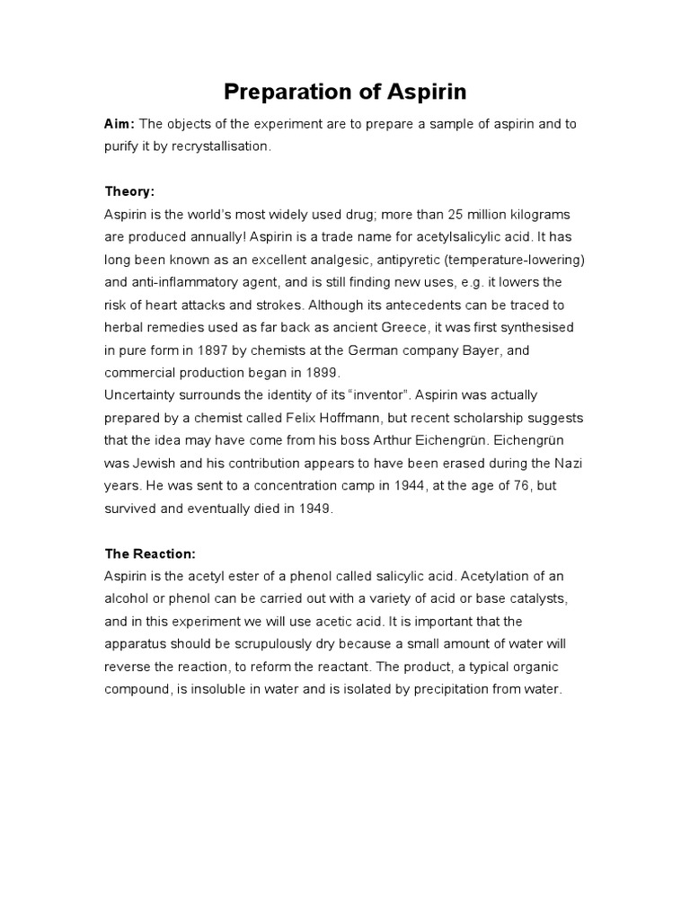 Preparation of Aspirin: Aim: The Objects of The Experiment Are To ...