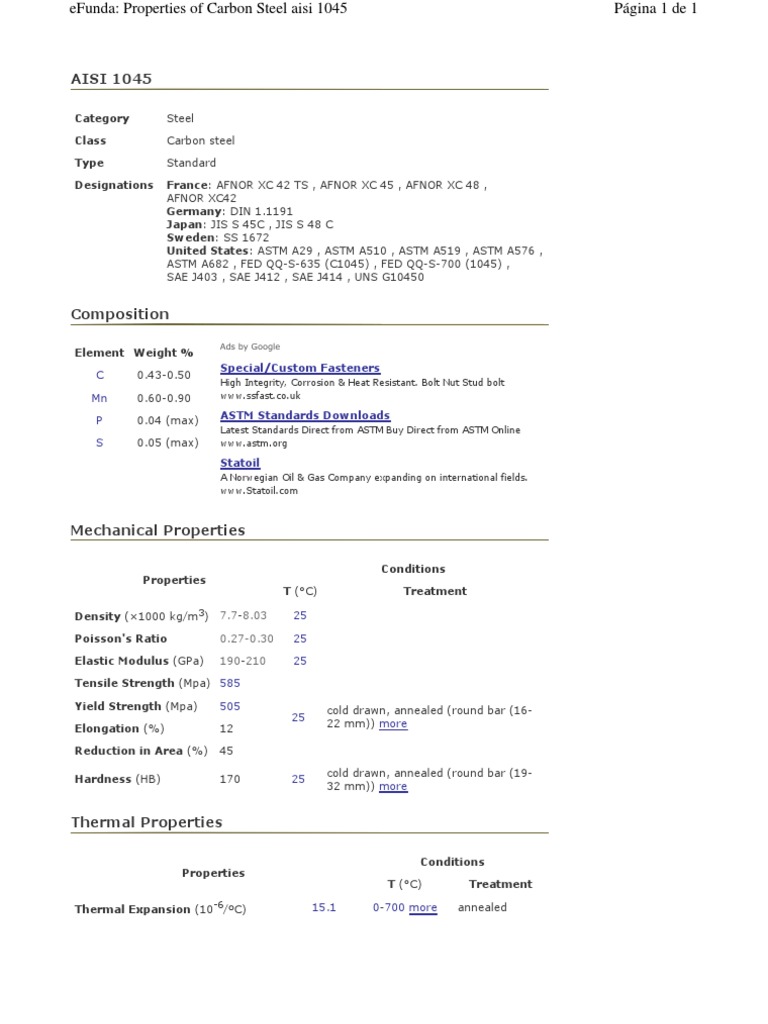 AISI 1045 Mechanical Properties | PDF | Screw | Mechanical Engineering