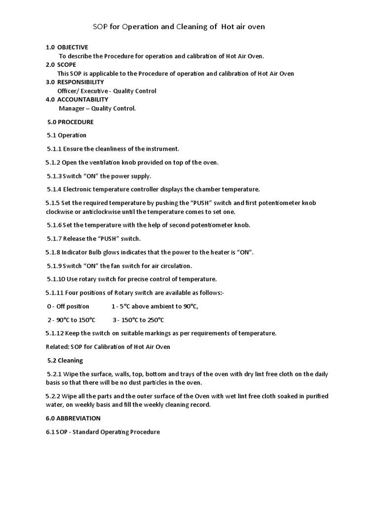 SOP For Hot Air Oven | PDF