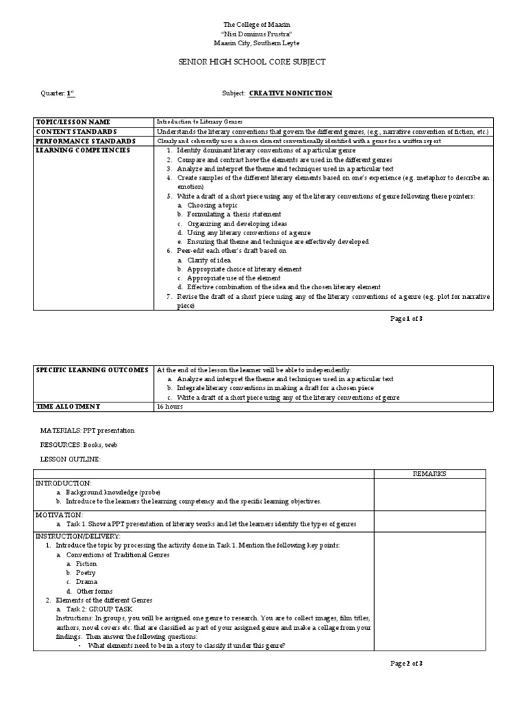 Senior High School Core Subject: Topic/Lesson Name Content Standards ...