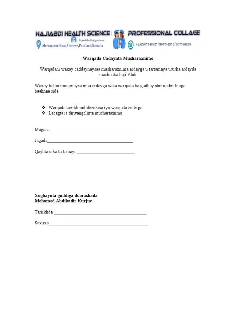 Warqada Cadaynta Musharaxnimo | PDF