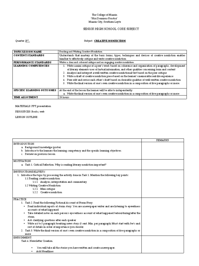 Senior High School Core Subject: Topic/Lesson Name Content Standards ...