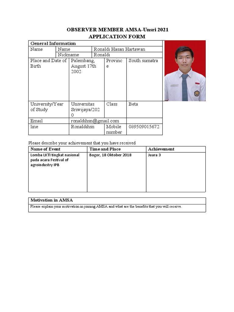 Application Form Calon Observer Member AMSA-Unsri 2021 | PDF