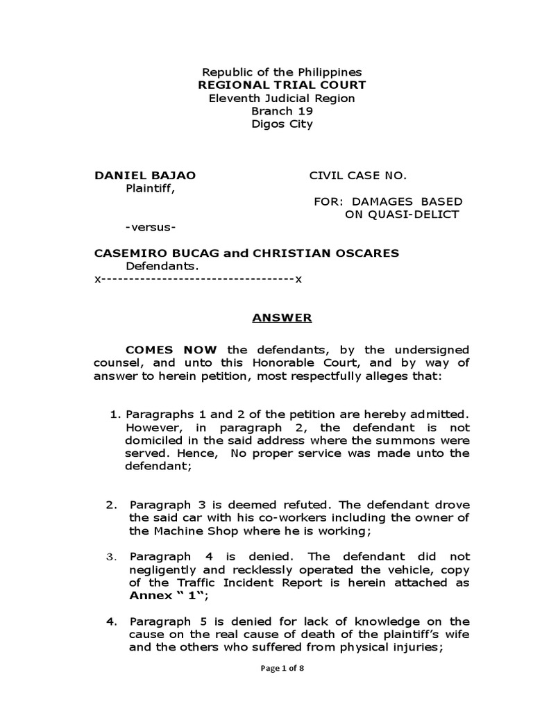 Answer - Damages Based On Quasi-Delict | PDF | Lawsuit | Common Law