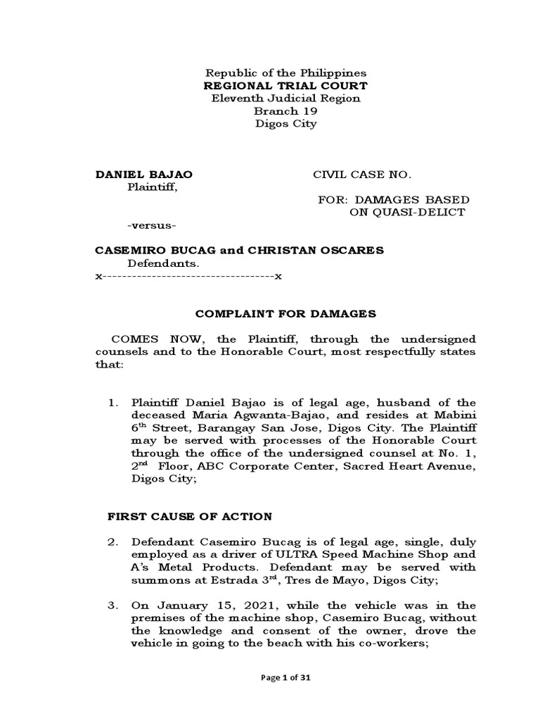 Damages-Based-On-Quasi-Delict (TORTS) - FINAL PAPER-ALBA, BAJAO, CLAROS ...